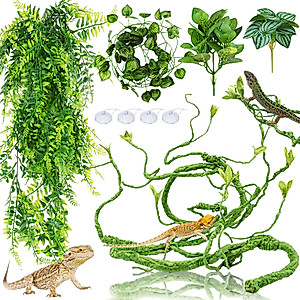 Bearded Dragon Tank Accessories for Habitat, QUOZUO Terrarium Hanging Plants Artificial Leaves Reptile Hide, Leopard Gecko Tank Accessories Snake Hide Terrarium Decor for Lizard Geckos Chameleon