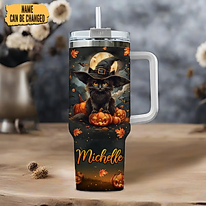 Hyturtle Personalized Halloween Black Cat Tumbler - Gifts For Cat Lovers - Black Cat Gift For Women - Spooky Season Cat Gift - Meoky Halloween Tumbler - Custom Travel Coffee Cup 40oz Lid And Straw