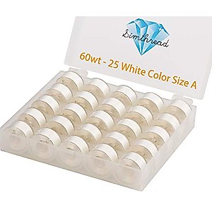 Simthread 25pcs White Prewound Bobbin Thread Size A Class 15 (SA156) 60WT with Clear Storage Plastic Case Box 70D/2 for Brother Embroidery Thread Sewing Thread Machine DIY