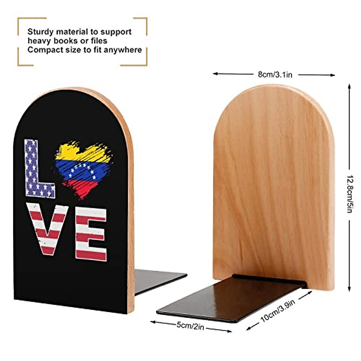 USA Venezuela Flag Heart Wood Book Ends for Shelves Non-Skid Bookend Book Stand Book Holder Stopper for Home Office School