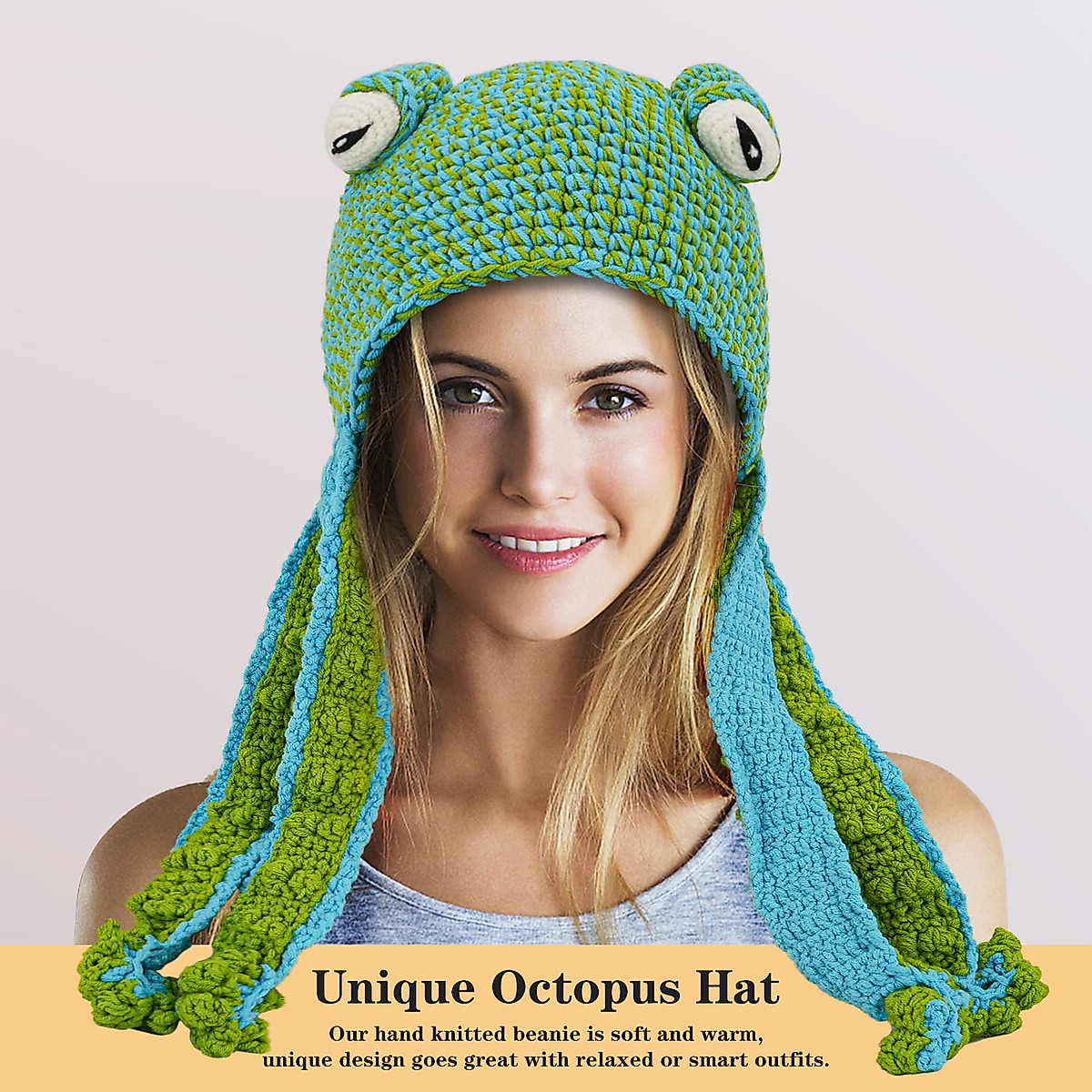 Aizami Knitted Winter Hat Knit Beanie Octopus Hat Unique Soft and Warm Hand Weave Hat for Women and Men Christmas Hat Blue-Green