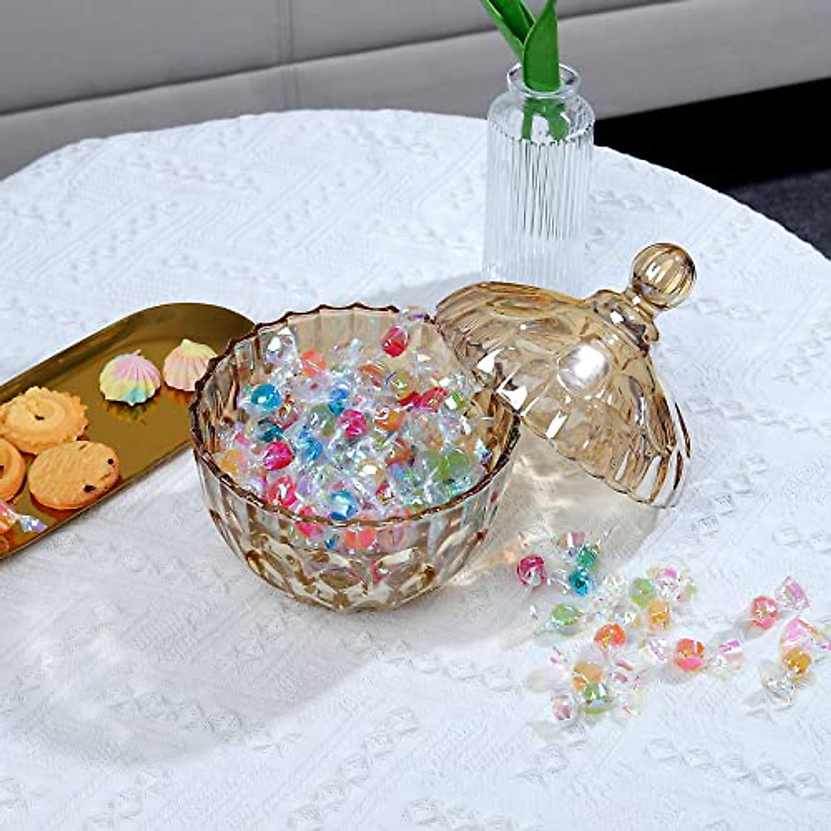 Joeyan Amber Glass Candy Dish with Lid,Large Glass Covered Candy Jar,Decorative Candy Bowl,Embossed Glass Canister for Cookies Nuts Chocolates,Home Wedding and Buffet Decoration Jars,34 oz