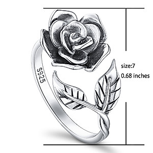 Alphm S925 Sterling Silver Adjustable Wrap Open Rings Rose Flower Floral Ring for Women Purity