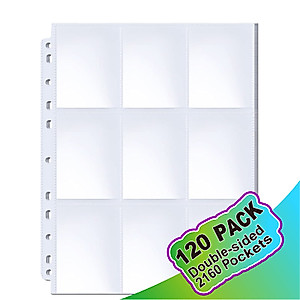ABLY 120 Pages Double-Sided Trading Card Pages Sleeves 9-Pocket Clear Plastic Game Card Protectors for Skylanders, Pokemon, Baseball Cards and More, Fit 3 Ring Binder