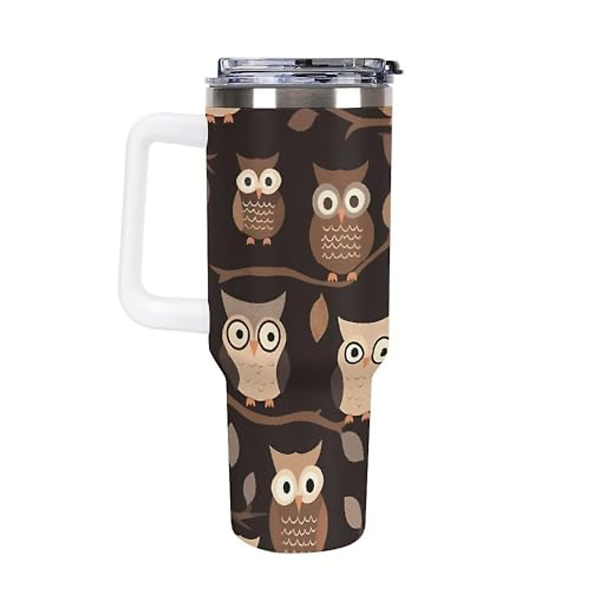 LLUTSNTH 40 Oz Vacuum Tumbler with White Handle Leakproof Insulated Tumbler Cute Brown Cartoon Owls Stainless Steel Travel Mug with Lid And Straw Coffee Cup Cute Water Bottles Cup Holder Friendly