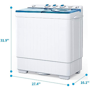 Twin Tub Portable Mini Washing Machine 26lbs Capacity, Compact Washer(18lbs)&Spiner(8lbs)/Built-in Drain Pump/Semi-Automatic (White&Blue)
