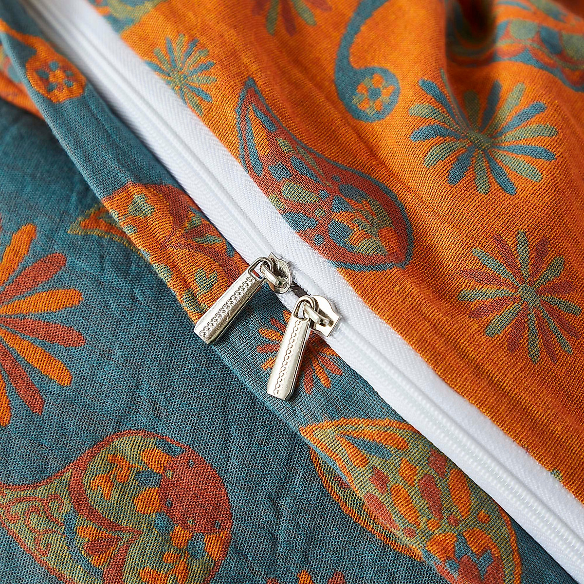 Softta Vintage Paisley Pattern Bedding Set Queen Size 3Pcs Duvet Cover Set 100% Washed Cotton Double-Layer Yarn Washed Cotton Bedding Collection Blue & Orange