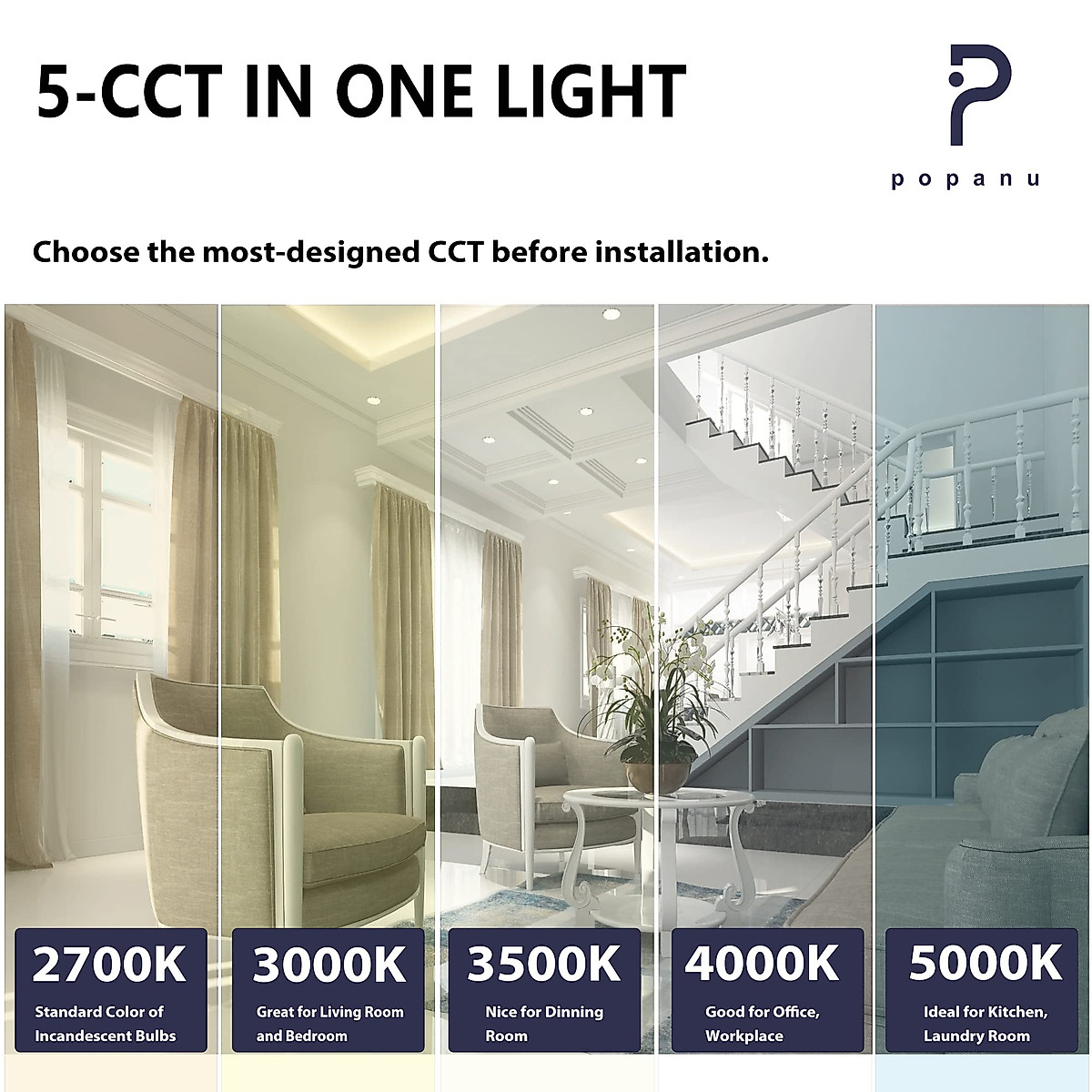 POPANU Canless Recessed Gimbal Downlight Rotatable-Spotlight 5 CCT 3 Inch Eyeball Ceilling Potlight, Dimmable Recessed Lights Fixture with Junction Box, 8W CCT Adjustable, Black Round Trim, 6 Pack