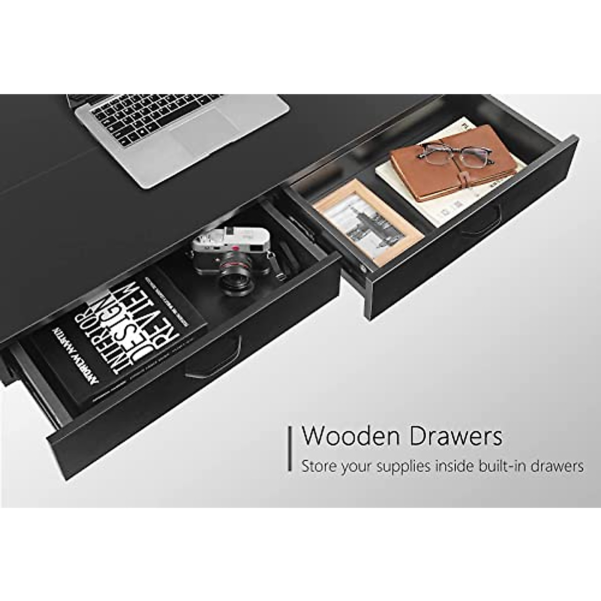 FEZIBO Adjustable Height Electric Standing Desk with Double Drawer, 55 x 24 Inches Stand Up Home Office Desk with Splice Tabletop, Black Frame/Black Top