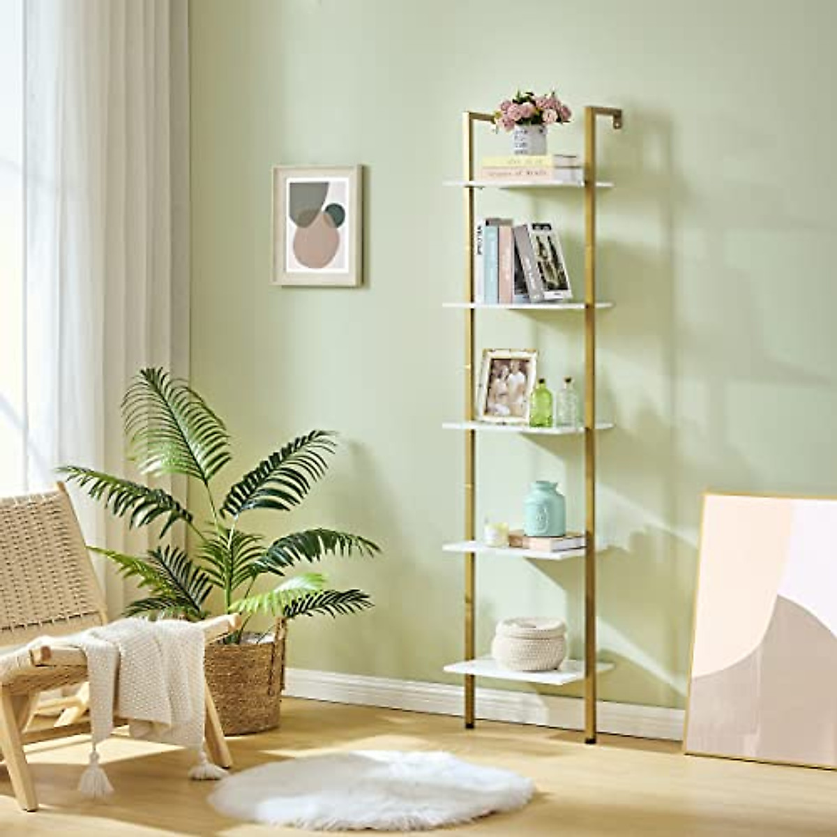 Tajsoon Industrial Bookcase, Ladder Shelf, 5-Tier Wood Wall Mounted Bookshelf with Stable Metal Frame, Open Display Rack, Storage Shelves for Bedroom, Home Office, Plant Flower, White & Gold