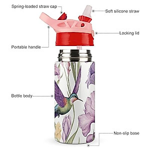 Stainless Steel Water Bottles Hummingbirds Irises Flowers Travel Water Cups with Handle And Silicone Straw Drinking Cup with Leak Proof Lid Thermo Travel Mug for Women Men