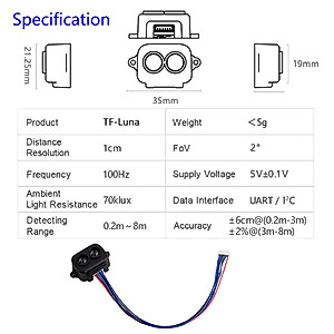 Wishiot TF-Luna LiDAR Range Finder Sensor 0.2m-8m Single-Point Ranging Module UART/I2C 5V with 6Pin Terminal to Dupont Cable for Arduino/RPi Pico/Pixhawk/WiFi_Lora_32