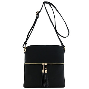 FashionPuzzle Tassel Zip Pocket PU Leather Crossbody Bag (Black)