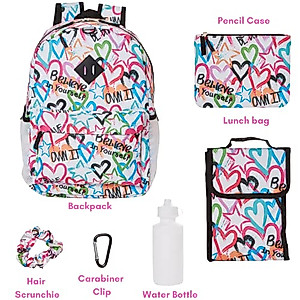 CLUB LIBBY LU Empowerment Heart Love Backpack Set for Girls, 16 inch, 6 Pieces - Includes Foldable Lunch Bag, Water Bottle, Scrunchie, & Pencil Case