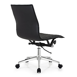 2xhome - Mid Back Height Modern Office Arm Chair, Ribbed PU Leather Seat with Swivel Tilt Adjustable Chrome Base - Executive Conference Room Task Chair (Black)