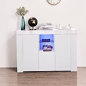 Holaki 45Inch LED Sideboard Buffet Cabinet with Drawer&2 Doors Storage Shelf,High Glossy Front Kitchen Sideboard,Buffet Table with Open Shelves,Display Cabinet,Entryway Modern Cupboard for Home(White)
