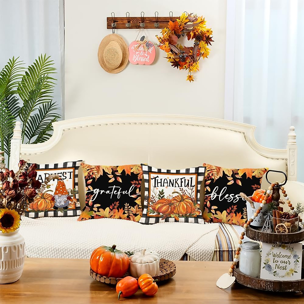 GEEORY Fall Decorative Throw Pillow Covers 18 x 18 Inch Set of 4, Thankful Grateful Blessed Harvest Pumpkin Gnome Thanksgiving Fall Decor Outdoor Farmhouse Pillow Cases for Home Couch G345-18
