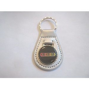 1965 1966 1967 1968 OLDS 442 4-4-2 TRI COLOR LOGO LEATHER KEYCHAIN - SILVER