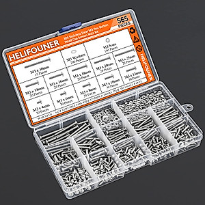 HELIFOUNER 565 Pieces M3 x 4mm /6mm /8mm /10mm /12mm /14mm /16mm /18mm /20mm /25mm / 30mm, Button Head Socket Cap Metric Screws Bolts Washers Nuts Kit, 304 Stainless Steel