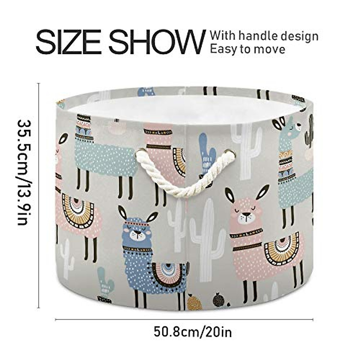 Large Round Storage Basket - Cactus Llama Canvas Home Organizational Solution Toy Storage Bin for Laundry Hamper,Toy Bins,Gift Baskets, Bedroom, Clothes,Baby Nursery