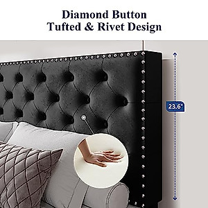 Allewie Queen Size Bed Frame, Velvet Upholstered Platform Bed with Adjustable Diamond Button Tufted & Nailhead Trim Headboard, Wood Slat Support, Easy Assembly, No Box Spring Needed, Black