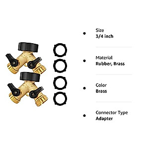 Hourleey 2 Pack Brass Garden Hose Splitter 2 Way, 3/4 Inch Hose Connector Tap Splitter, Hose Y Splitter, Hose Spigot Adapter 2 Valves with 4 Extra Rubber Washers