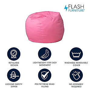 Flash Furniture Dillon Small Bean Bag Chair for Kids and Teens, Foam-Filled Beanbag Chair with Machine Washable Cover, Light Pink