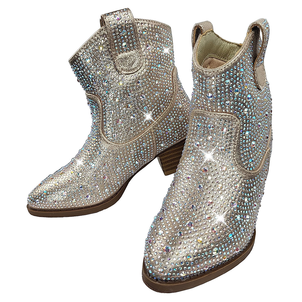 TruFox Kids Girls Rhinestone Western Cowboy Boots Low Heel Pull On, Champagne, 2