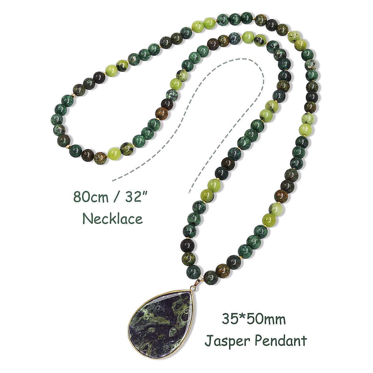 PEARLFECT Long Pendant Necklaces for Women/Men Trendy, 8MM Womens Beaded Jasper Necklaces,32 Inch Green Stone Bead BOHO Necklace Jewelry,Chunky Statement Necklace, Gemstone, Jasper