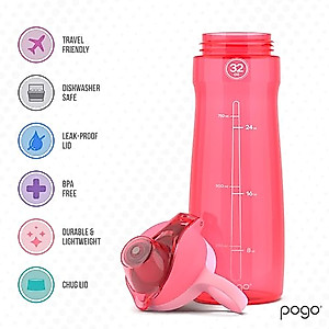 Pogo BPA-Free Tritan Plastic Water Bottle with Chug Lid, 32 Oz, Pink.
