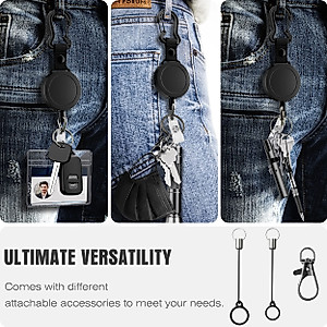 ELV Heavy Duty Retractable ID Badge Holder Key Reel with Adjustable Neck Lanyard, Zinc Alloy Carabiner, Key Ring, ID Badge Strap, 2 Pen Holders and Lobster Clip, 32” Dyneema Cord, Hold Up to 15 Keys