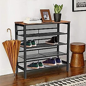 MIERES 5-Tier Shoe Rack, Industrial Shoe Storage Organizer with 4 Metal Mesh Shelves, Sturdy and Easy Assembly, Perfect for Entryway/Hallway/Closet/Bedroom, Rustic Brown, 29.5”l x11.8 ”w x 33.5”h