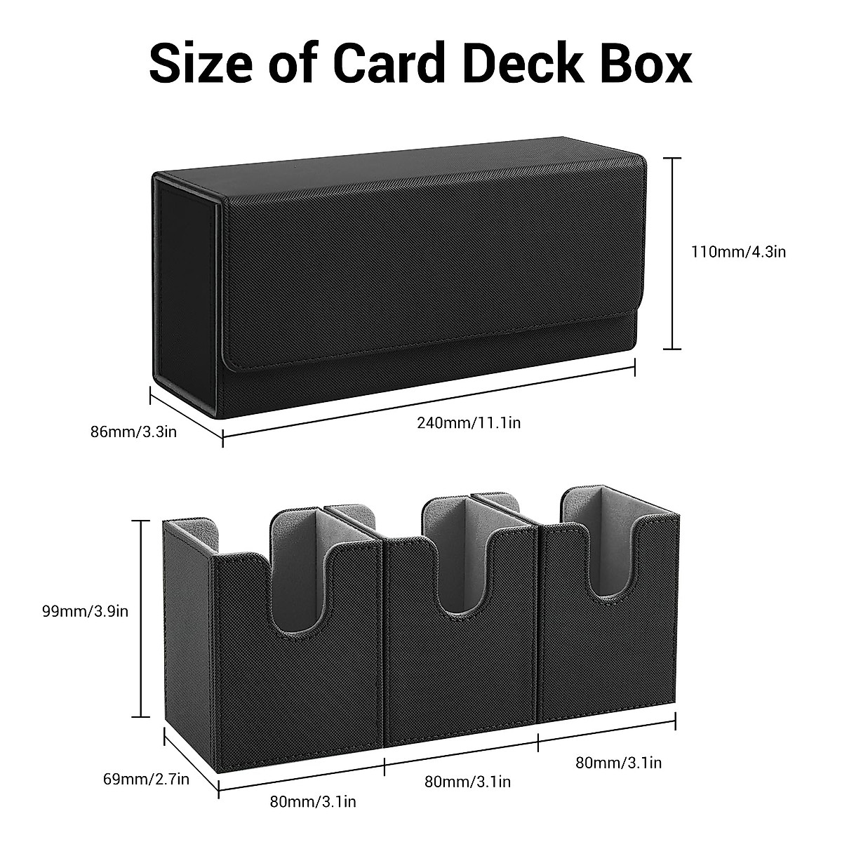FOTEEMO Card Deck Box for MTG, 3 in 1 Commander Deck Box Deck Box Trading Card Deck Storage Box Holding 300+ Sleeved Cards Magic Commander TCG CCG Sports Card Box (Black and Grey)