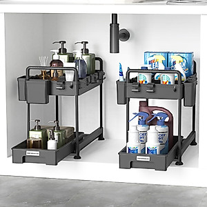 Under Sink Bathroom and Kitchen Cabinet Organizer, Countertop organizer, 2-Tier Sliding Large Capacity Storage Drawer With Hooks, Bathroom And Kitchen Organization And Storage, Multipurpose organizer