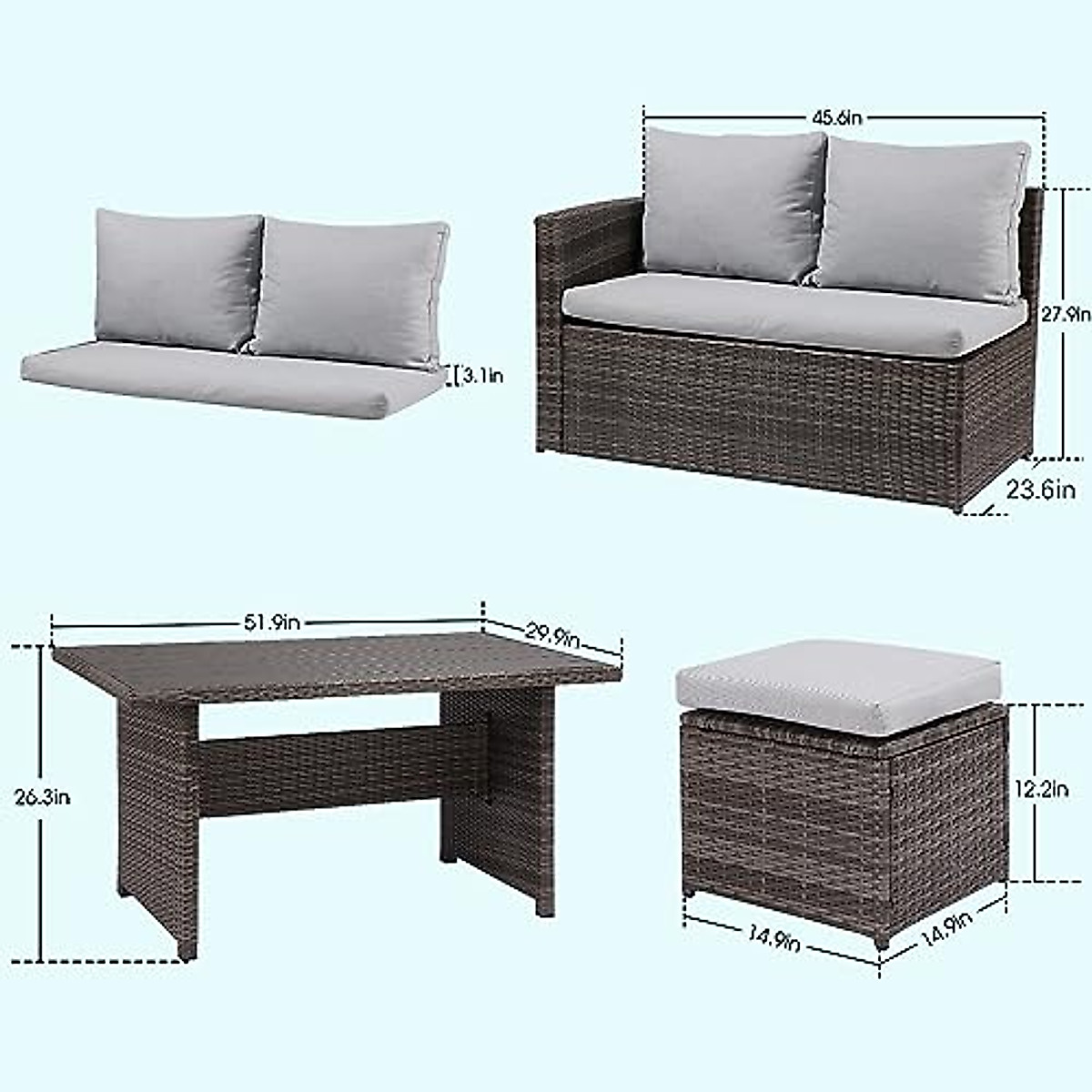 Wumiokio Patio Furniture Set, 7 Pieces Outdoor Patio Furniture with Dining Table&Chair, All Weather Wicker Conversation Set with Ottoman,Grey…