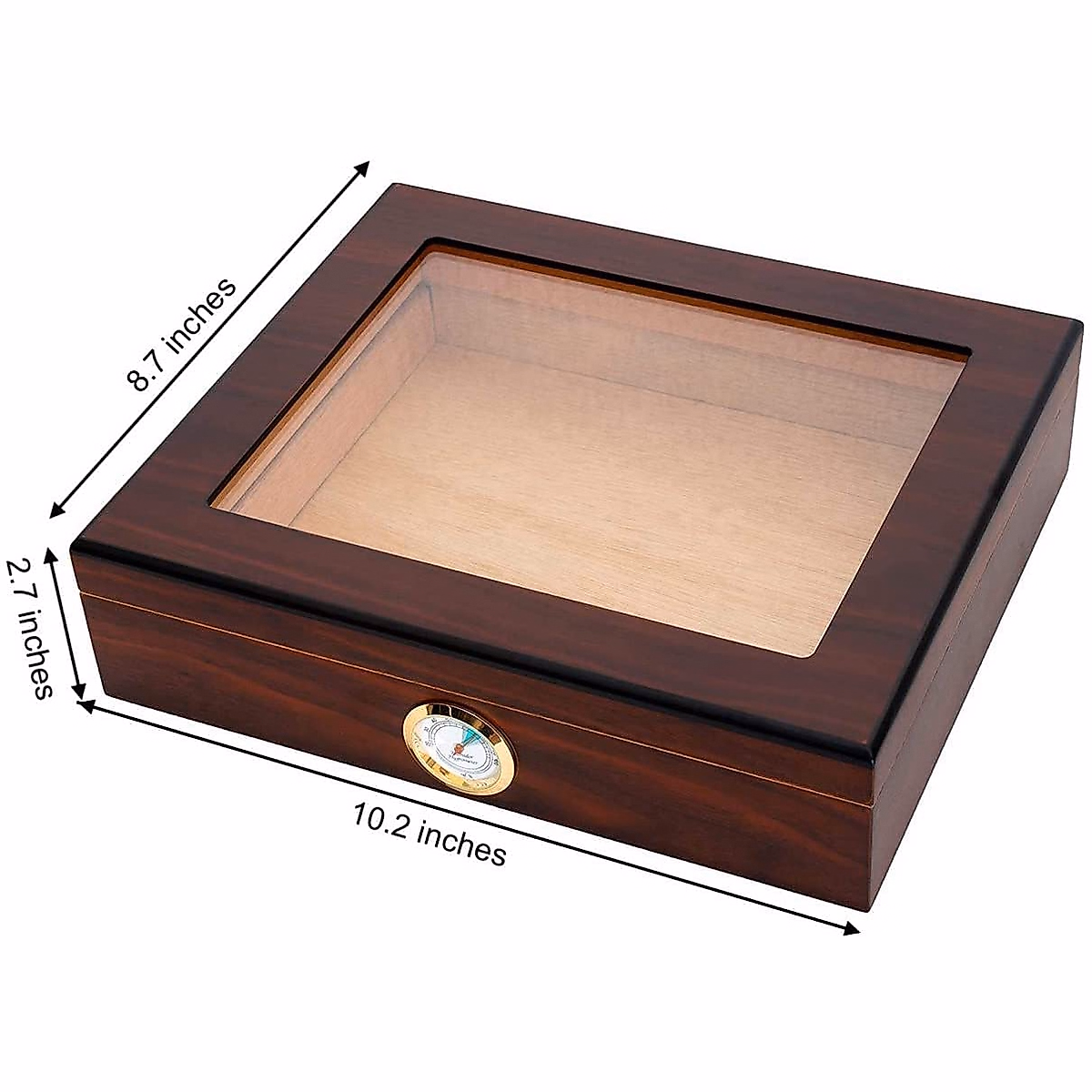 Handmade Humidor up to 25 Corona-Size Cigars, Glass Top Cigar Humidor Box, 100% Spanish Cedar Wood, Luxury Desktop Humidor with Hygrometer and Humidifier, High Gloss Walnut Finish.