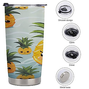 FHENMSA Reusable Plastic Water Cups with Lids,Cute Pineapple Print Anti-overflow Cup,sports Travel Coffee Cup
