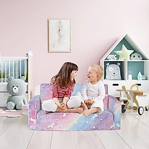 Kids Sofa Glow in The Dark Toddler Chairs Extra Wide 2 in 1 Fold Out Flip Open Baby Convertible Sofa to Lounger,2 Seats Soft Comfy Glowing Foldable Children Armchairs Kids Girls Boys Sofa Bed