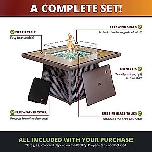 Kinger Home Elio Rattan 42-Inch Outdoor Patio Propane Gas Fire Pit Table with Tile Tabletop, CSA Certified 50,000 BTU Firepit, Brown Aluminum Frame