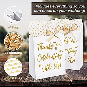 25 Pack Wedding Gift Bag with Tissue Paper - Gold Wedding Gift Bags for Hotel Guests, Welcome Bags for Wedding Guests Bulk, Wedding Gift Bags for Hotel Guests, Wedding Welcome Bags, Thank You Gift Bags Medium Size (8"L x 4.5"W x 10"H, White)