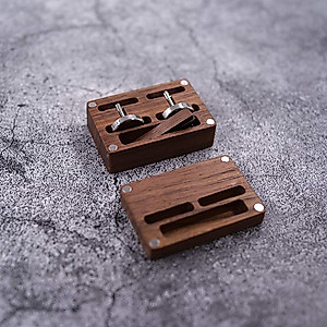 Rustic Black Walnut Wooden Round Cufflinks Tie Clips With Organizer Box for Men