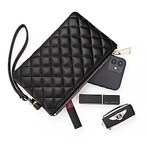 Premium Genuine Full Grain Leather Wristlet Pouch Zip Clutch Wallet w. Card Slots Phone Purse with Wrist Strap For Men Women (Black Quilted)