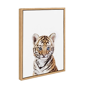 Kate and Laurel Baby Tiger Portrait Framed Canvas Wall Art by Amy Peterson, 18x24 Natural, Cute Baby Animal Home Decor
