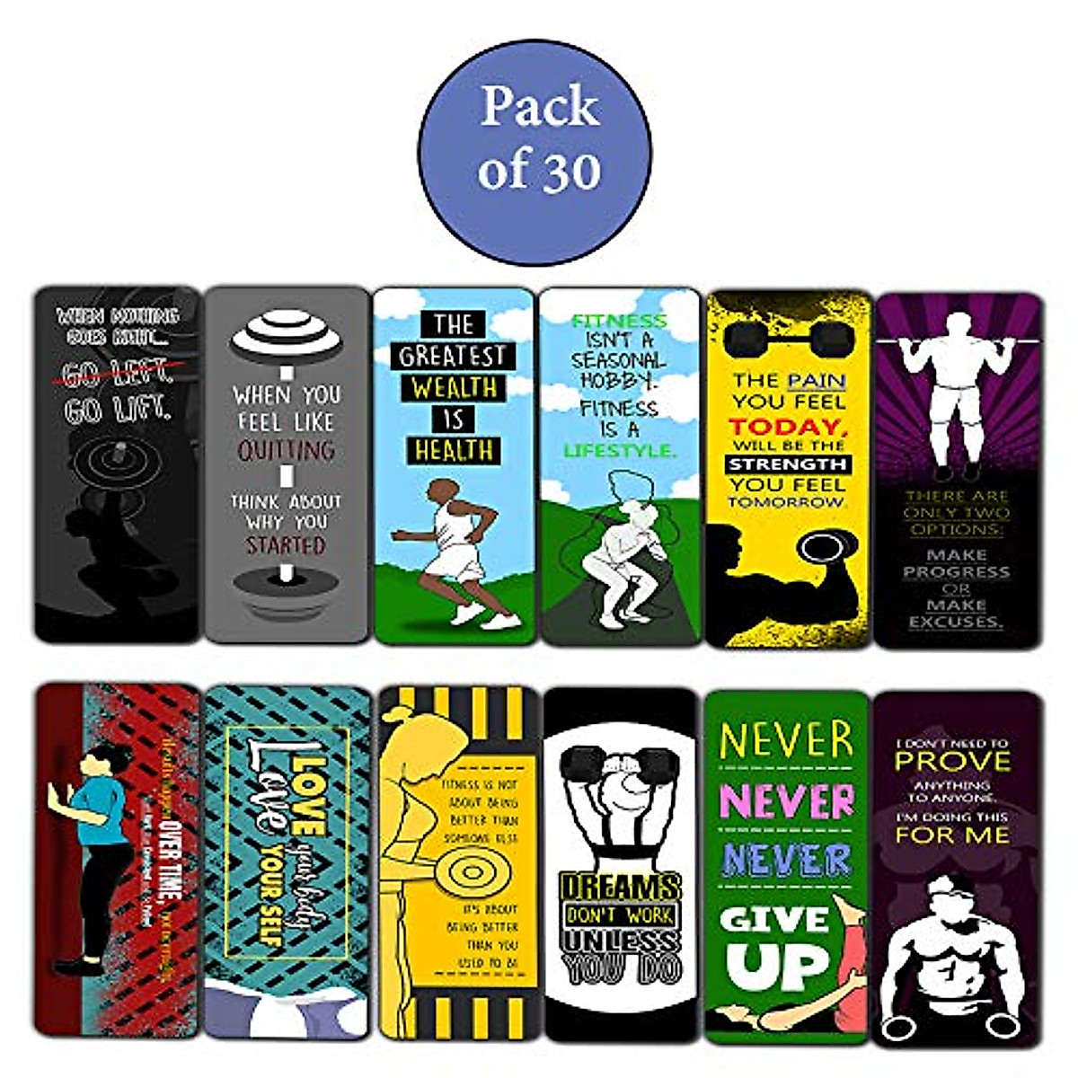 Creanoso Fitness Bookmarks (30-Pack) – Premium Gift Set – Awesome Bookmarks for Body Builders, Fitness Athletes, Men, Women – Six Bulk Assorted Bookmarks Designs – Cool Giveaways Set