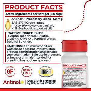 Antinol Plus, Mobility, Hip, and Joint Supplement for Dogs, Green-Lipped Mussels and Krill Oil - Dog Joint Supplement, Better and Faster Than Glucosamine and Chondroitin, 60 Soft Gels