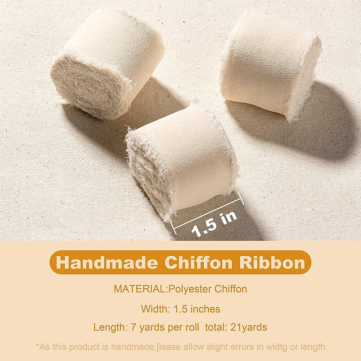 Chiffon Ribbon, 3 Rolls 21 Yards Champagne Handmade Fringe Chiffon Silk Ribbon 1.5" x 7Yd Ribbons Set for Wedding Invitations, Bridal Bouquets, Gifts Wrapping, DIY Crafts