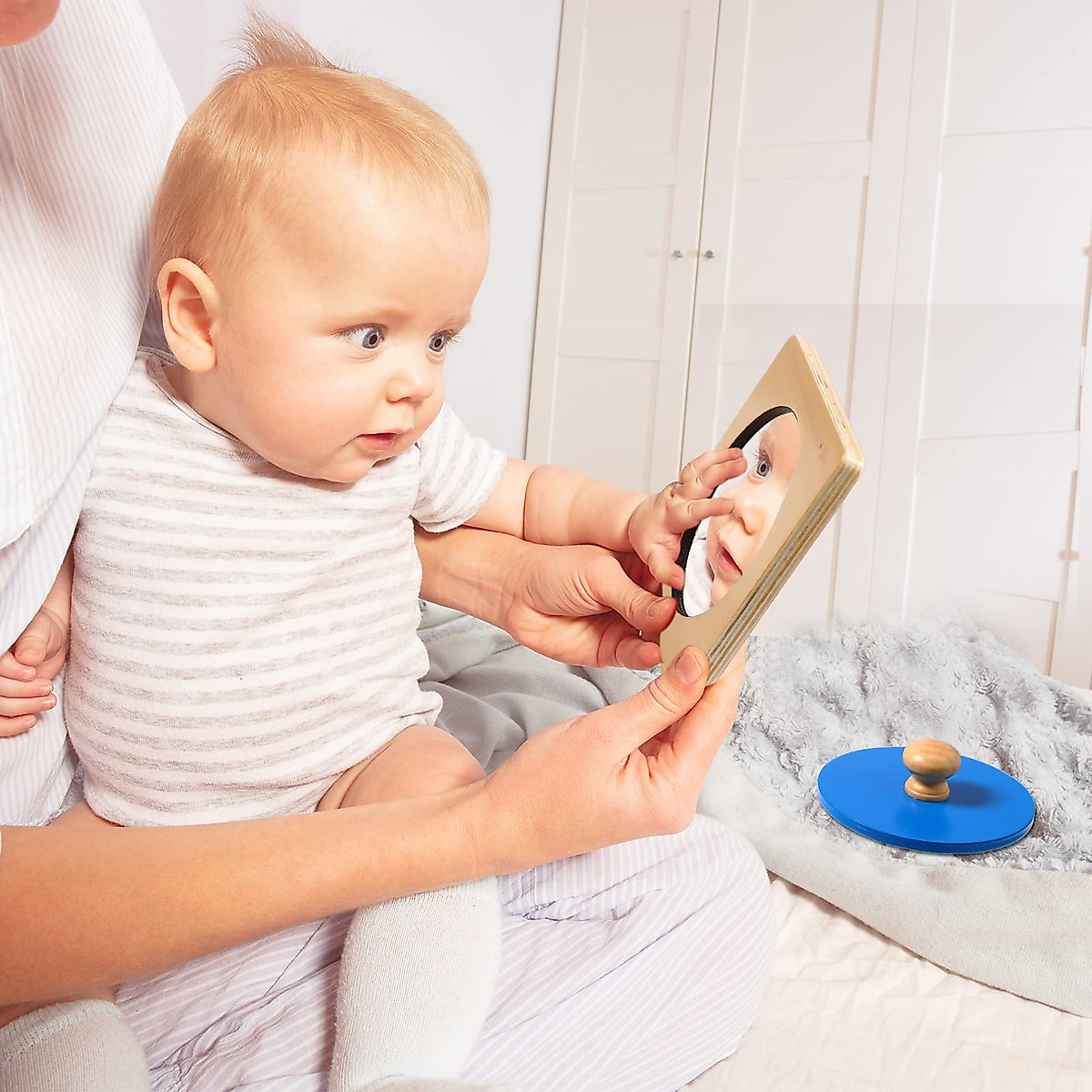 Civaner Montessori Mirror Puzzle Baby Peekaboo Knob Puzzles Colorful Baby Mirror Toy Wooden Geometric Shape Puzzle Sensorial Toys Birthday Gifts for Toddler Preschool