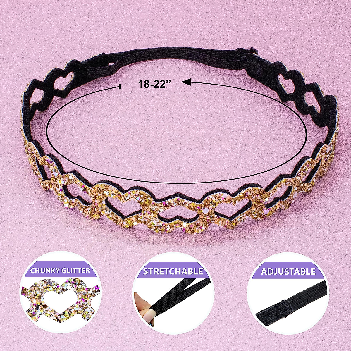 FROG SAC 6 Glitter Headbands for Girls, Adjustable Non Slip Thin Elastic Heart Hair Bands for Kids, Cute Stretchy Nonslip Teen Girl Hair Accessories, Sparkly Bling Headband for Tweens