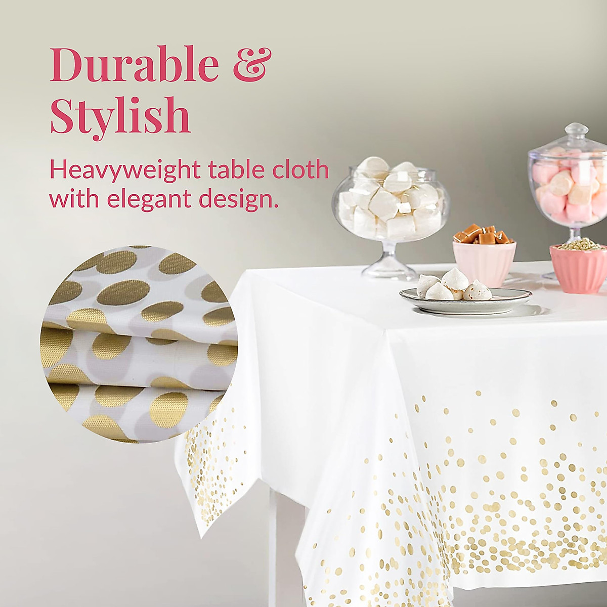 White Plastic Tablecloth - 4 Pack - 54 X 108 | Gold Dot Disposable Tablecloths | Plastic Tablecloth | White Tablecloths | Plastic Table Cover | Gold Tablecloths | Gold Party Decorations