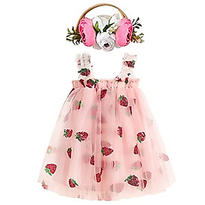 Toddler Baby Girls Tutu Dress Sleeveless Floral Print Layered Tulle Dress Little Girl Princess Dresses with Flower Headband (Strawberry, 1-2 T)